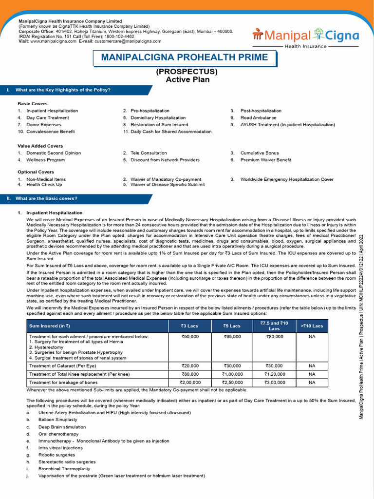 ManipalCigna ProHealth Prime Plan Overview | PDF | Mental Disorder ...