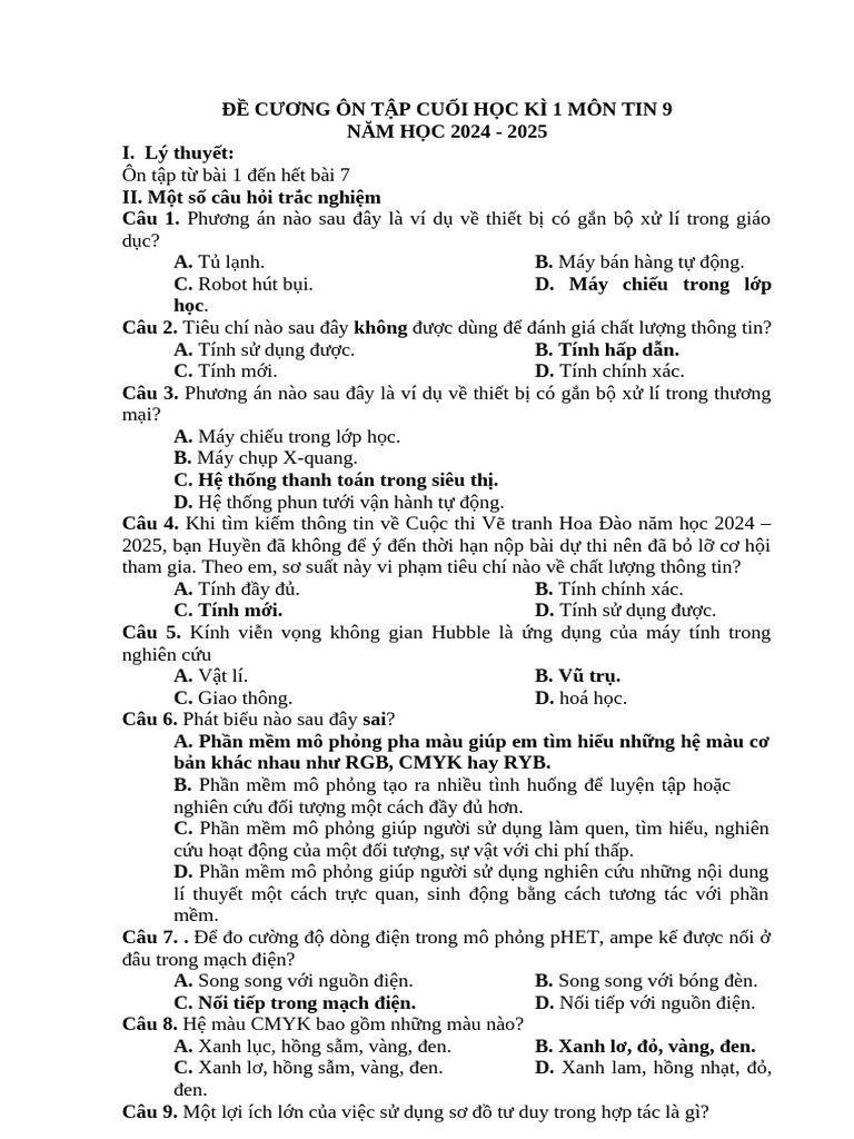 Đề cương ôn tập môn Tin 9 cuối học kì 1 | PDF