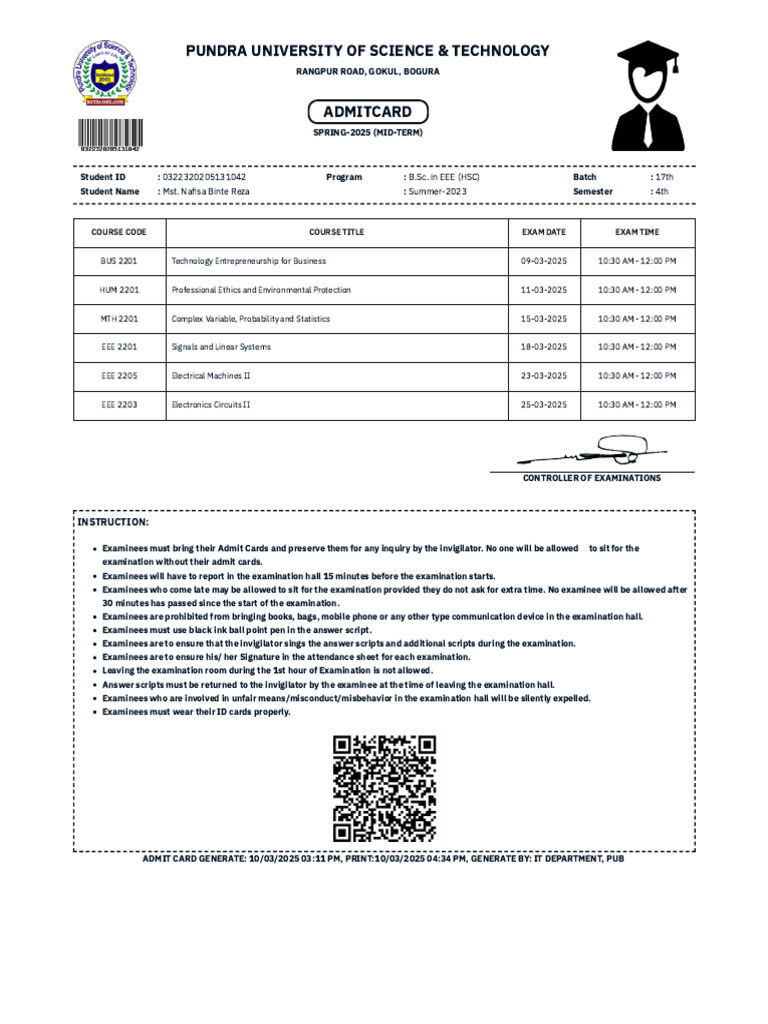 Admitcard - Pundra University of Science & Technology | PDF | Electrical Engineering | Electronics