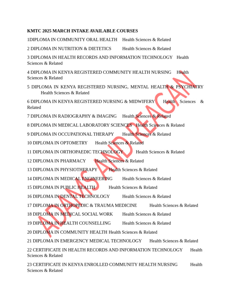 Kmtc 2025 March Intake Available Courses | PDF | Diploma | Orthopedic Surgery