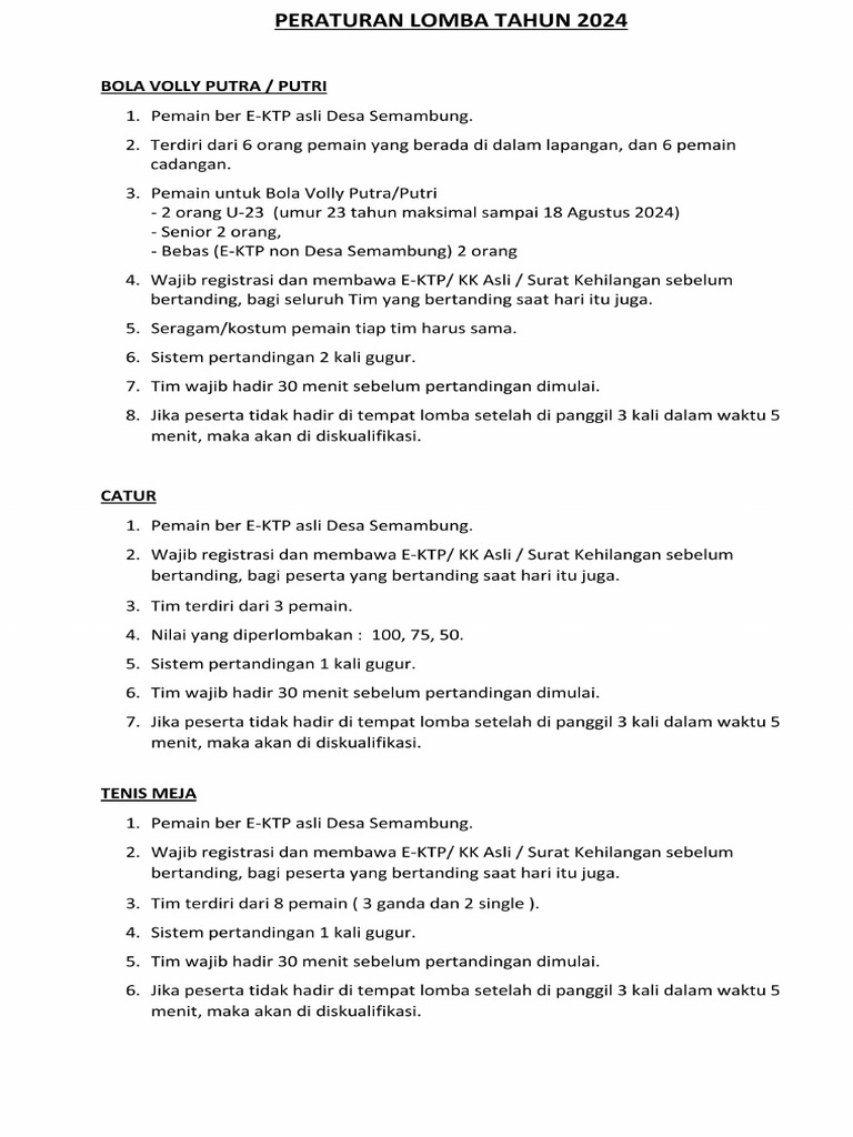 Peraturan, Jadwal, Dan Bagan Lomba 2024 | PDF