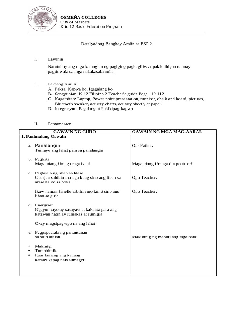 Banghay Aralin Sa ESP | PDF