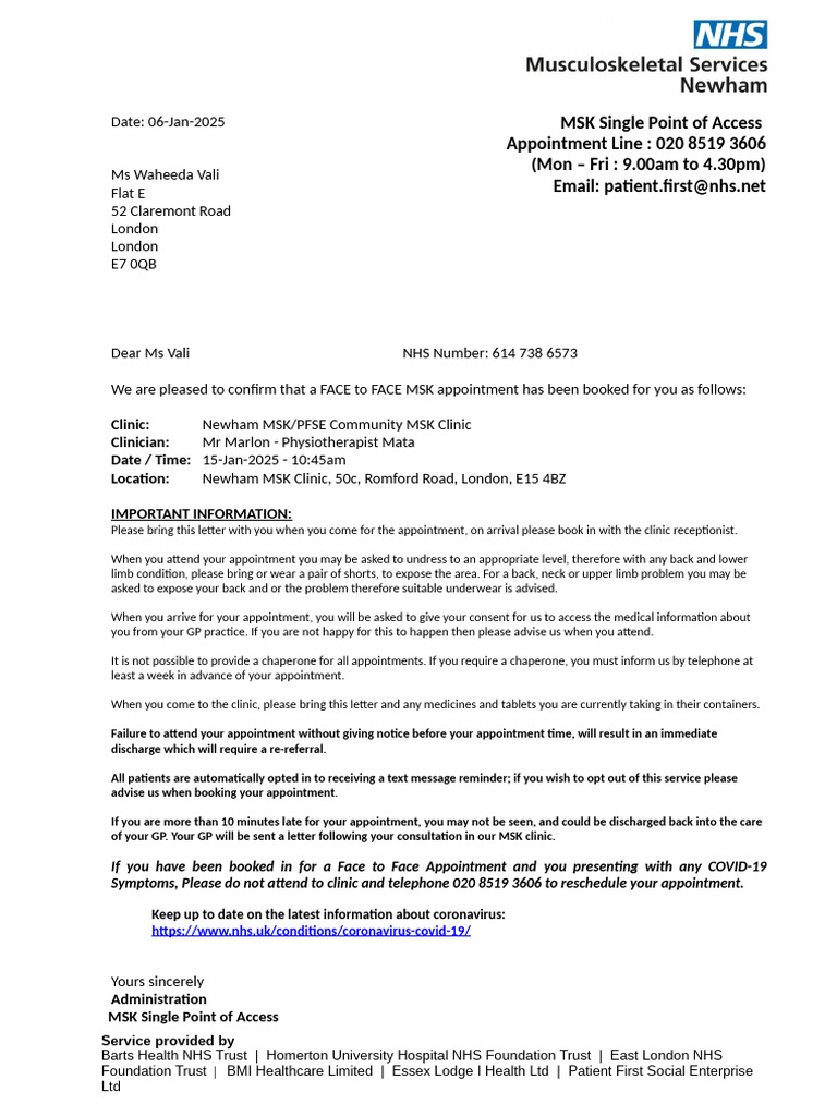 MSK Face-to-Face Appointment Confirmation | PDF | Public Services ...