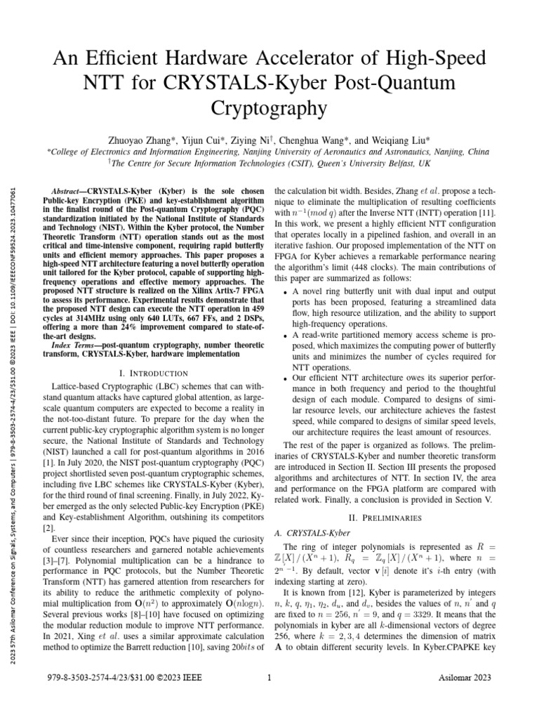 An Efficient Hardware Accelerator of High-Speed NTT For CRYSTALS-Kyber Post-Quantum Cryptography ...