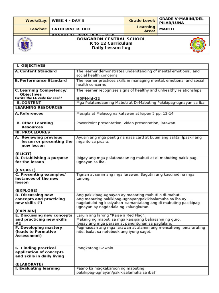 Dll-Mapeh 5-Quarter 1 Week 4 Day 3 | PDF | Intelligence | Human Communication