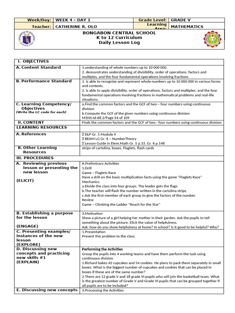 DLL Math Q1 Week4 Day 1 4 | PDF | Teachers | Learning