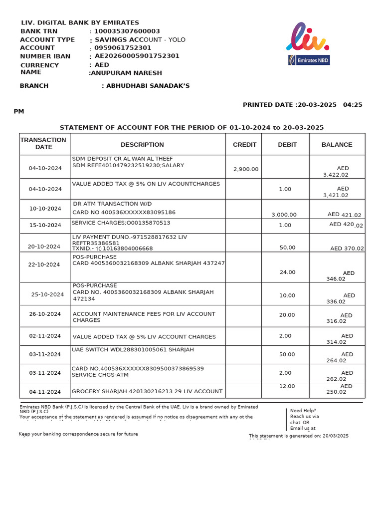 721529661 Liv Bank Statement Oct Apr2 | PDF | Banks | Debits And Credits