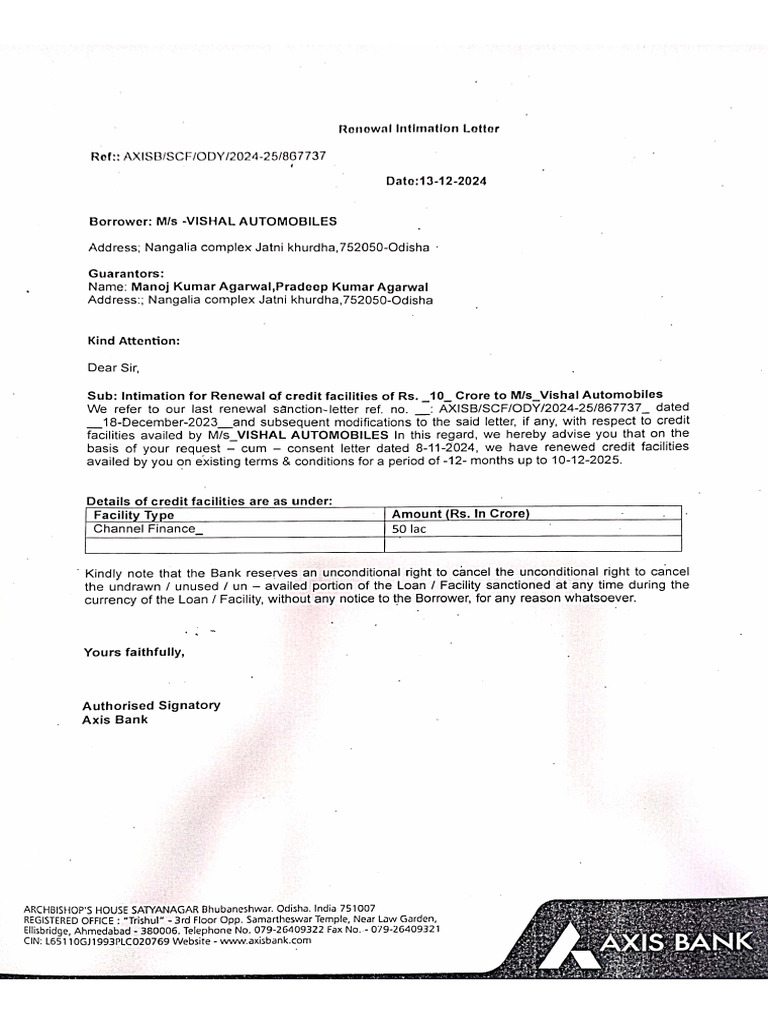 Vishal Automobile-Renewal Intimation Letter | PDF