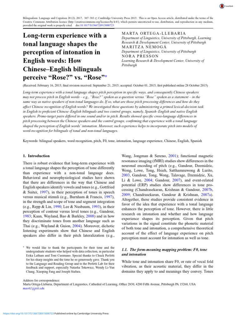 Long Term Experience With A Tonal Language Shapes The Perception of ...