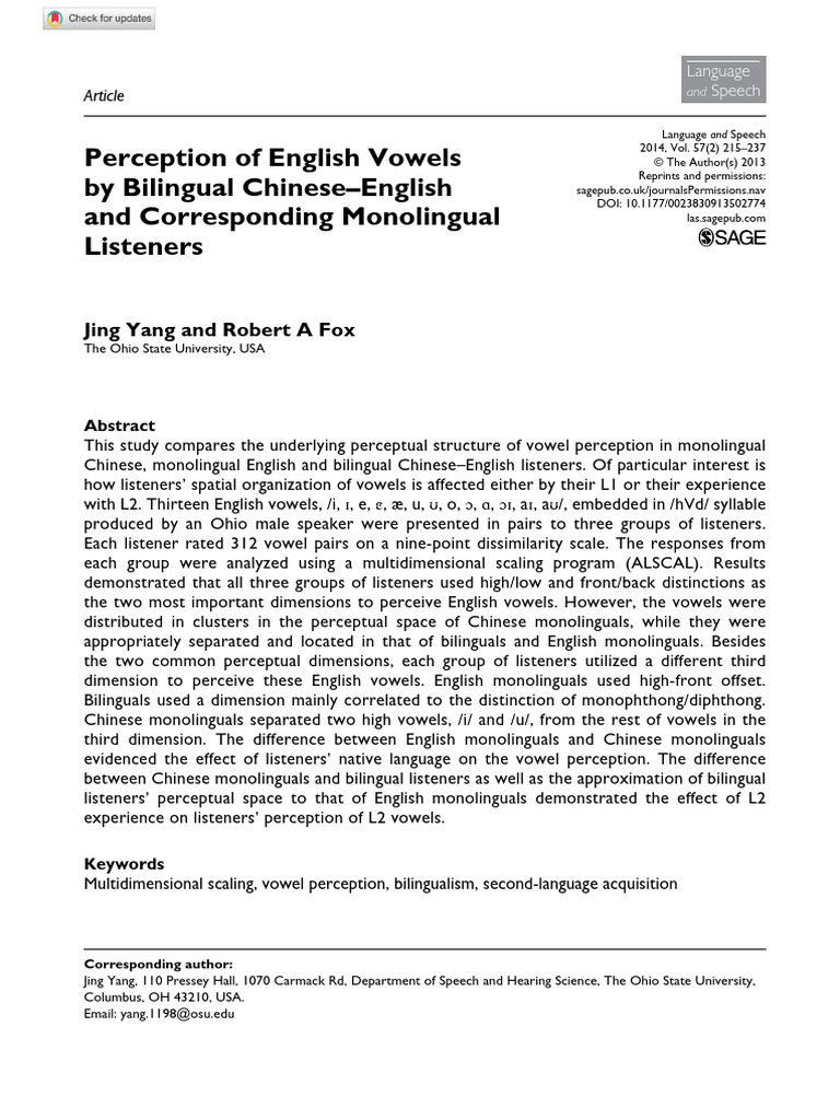 Perception of English Vowels by Bilingual Chinese-English and ...