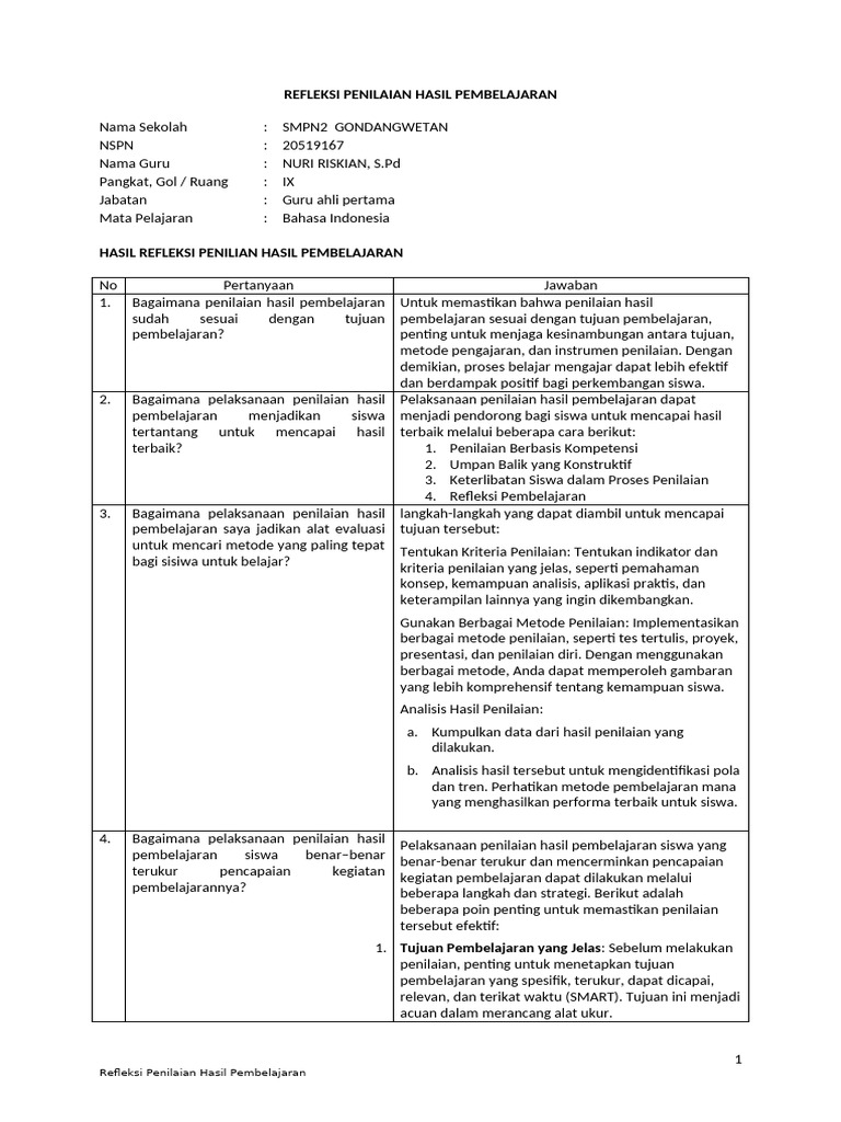 Refleksi Penilaian Hasil Pembelajaran - Nuri | PDF