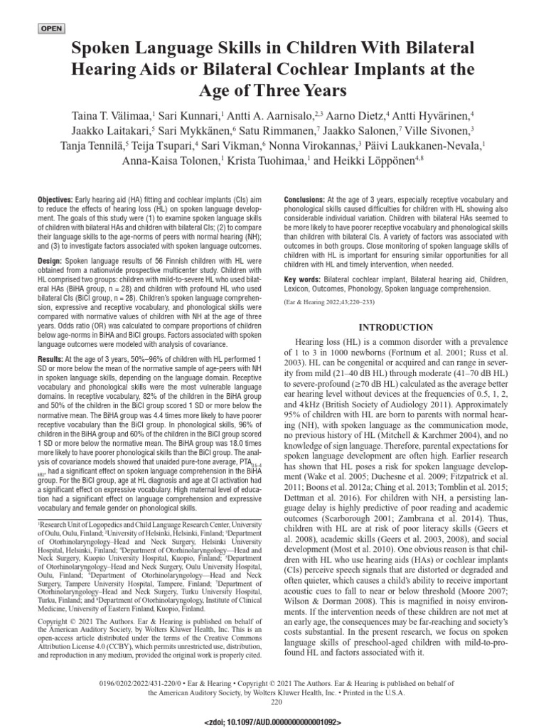 Spoken Language Skills in Children With Bilateral Hearing Aids or ...