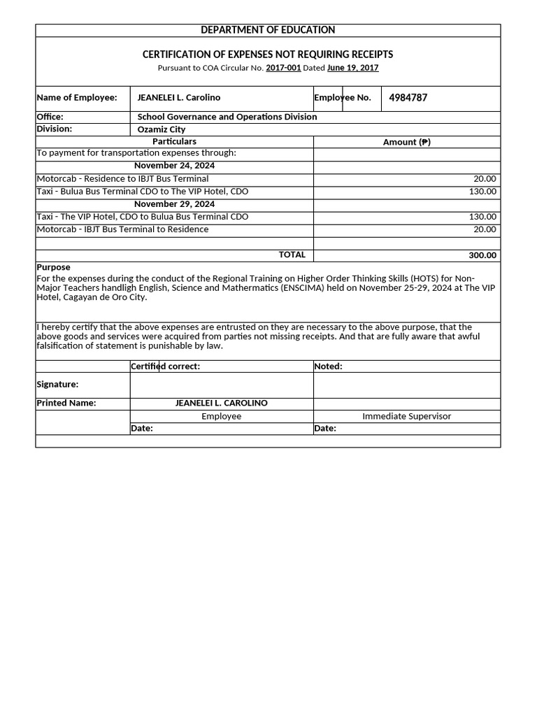 Certification of Expenses Not Requiring Receipts | PDF