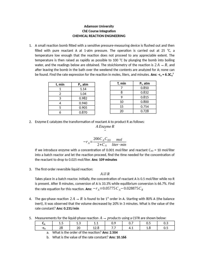 Chemical Reaction Engineering Problems | PDF | Chemical Reactor | Chemistry