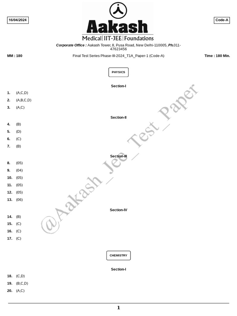 FTS 1A Paper 1 Phase 3 Code A 16 04 2024 Answer Key Watermark | PDF