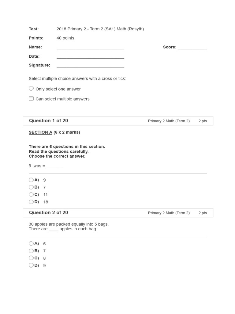 Primary 2 Math Term 2 - Rosyth_1626253183 | PDF