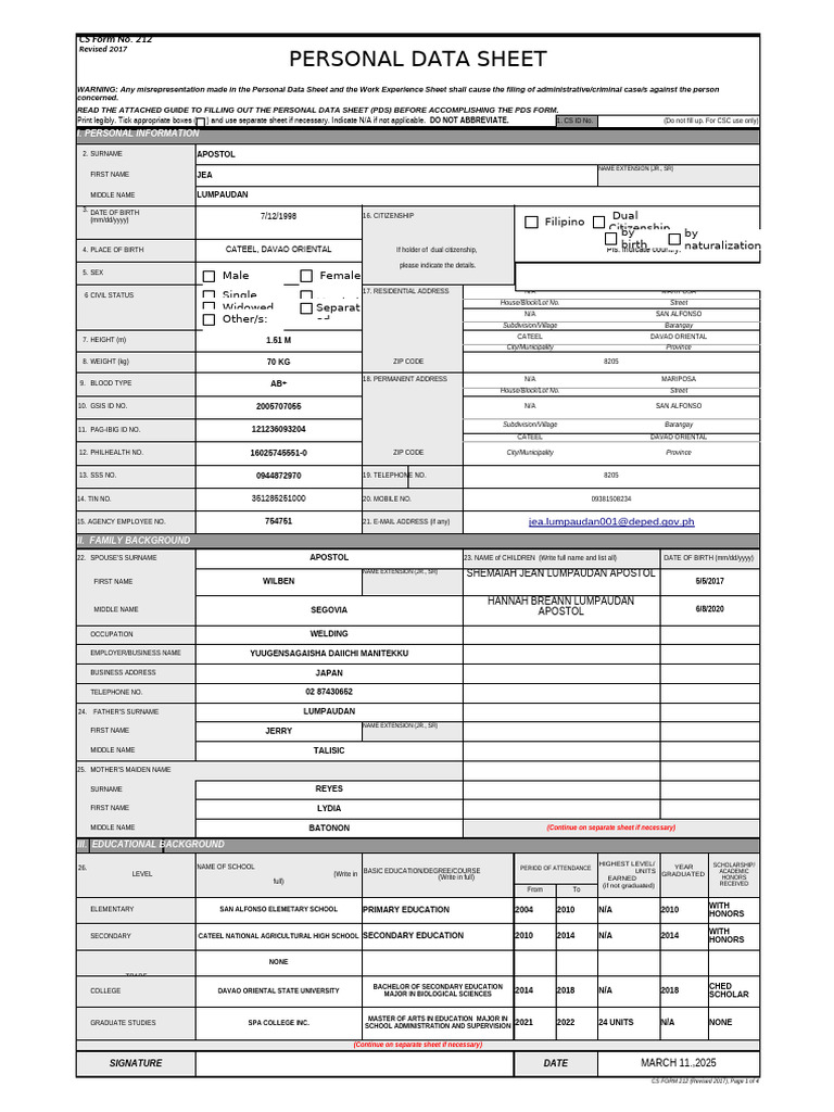 CS Form No. 212 Personal Data Sheet Revised | PDF | Government