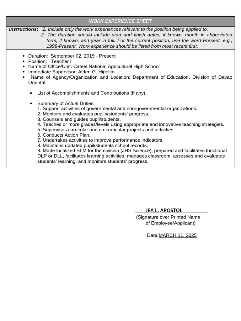 CS Form No 212 Work Experience Sheet | PDF