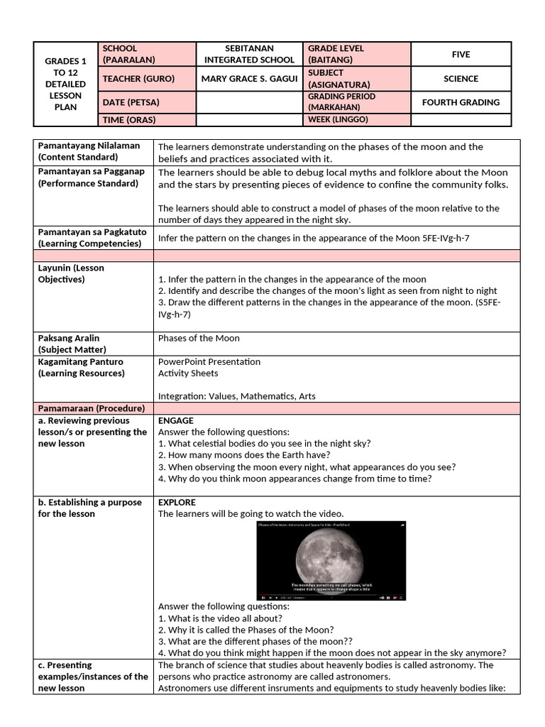 Grade 5 Science Lesson: Moon Phases | PDF | Moon | Astronomy
