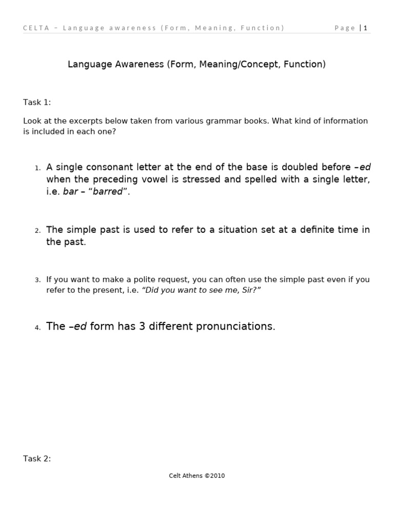 CELTA - Language Awareness - Form Meaning Function | PDF | Linguistics | Languages