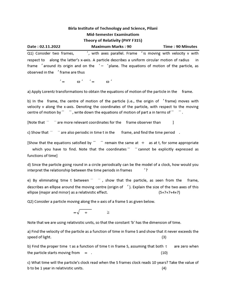 BITS Pilani PHY F315 Mid-Sem Exam Guide | PDF | Special Relativity | Physics