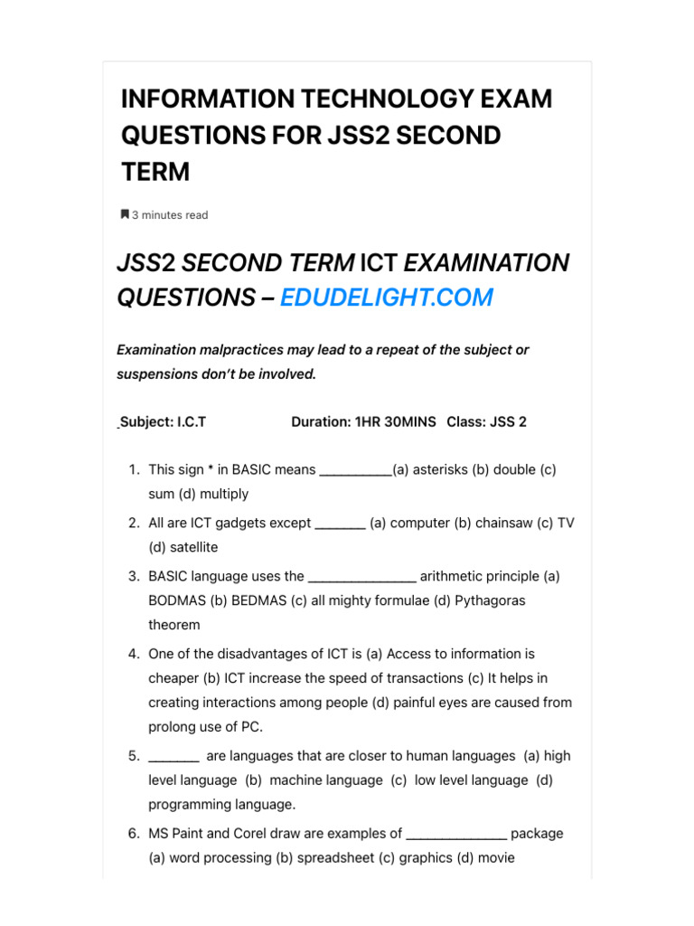 Information Technology Exam Questions For Jss2 Se | PDF | Fax | Computing