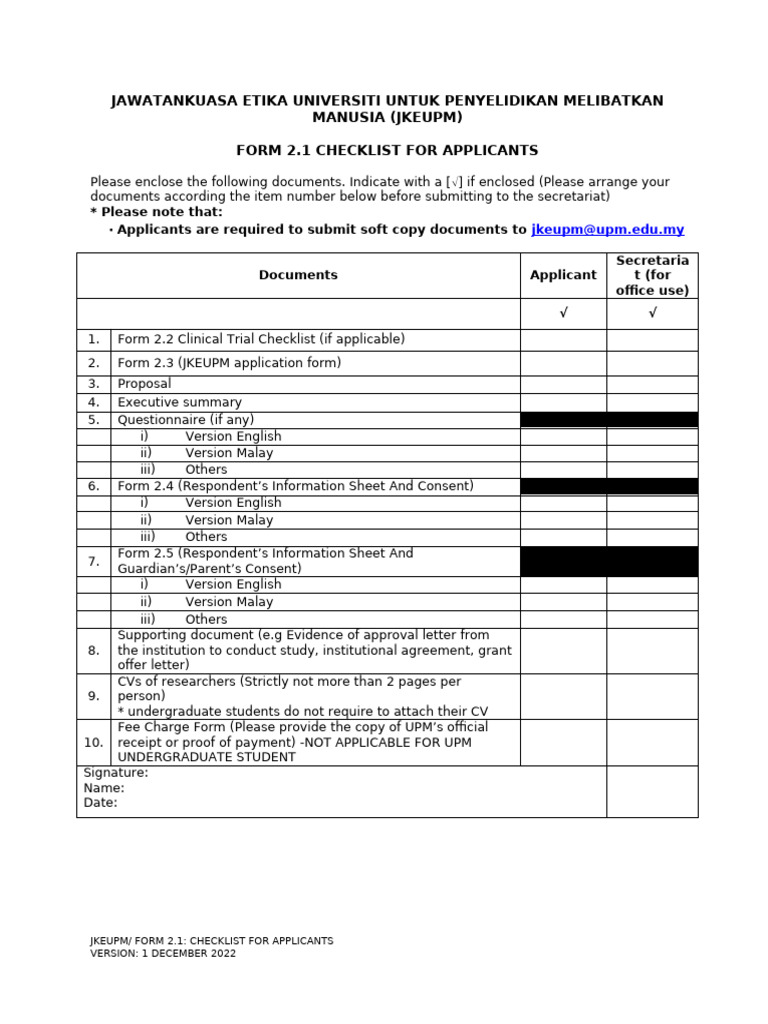 JKEUPM Application Checklist Form | PDF