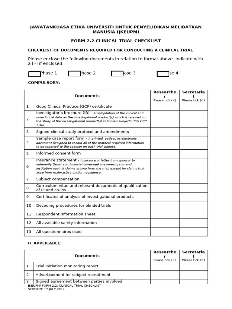 20180521161128jkeupm Form 2.2 - Clinical Trial Checklist | PDF ...