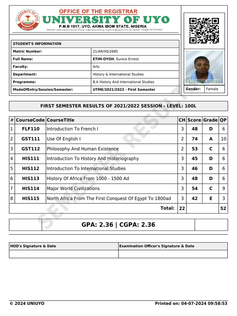 2021/2022 First Semester Results | PDF