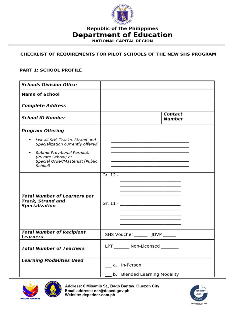 SHS PILOT CHECKLIST - March 18 | PDF | Learning | Teaching