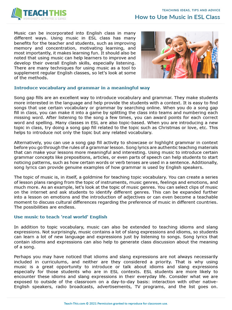 Using Music in ESL Lessons | PDF | English As A Second Or Foreign ...