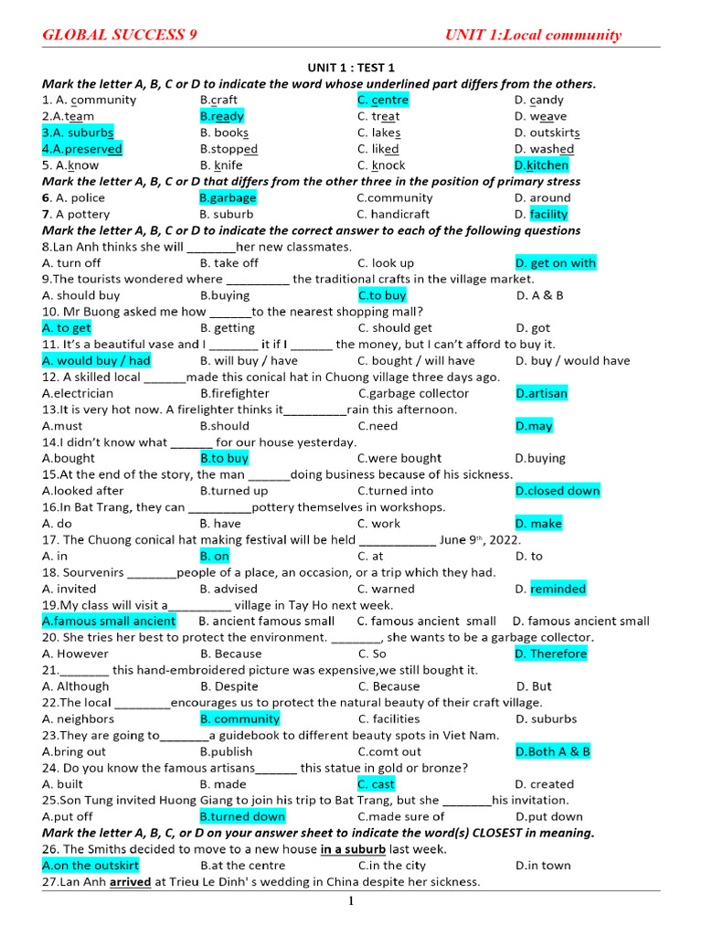 Unit 1 (Practice Test) - Key. | PDF