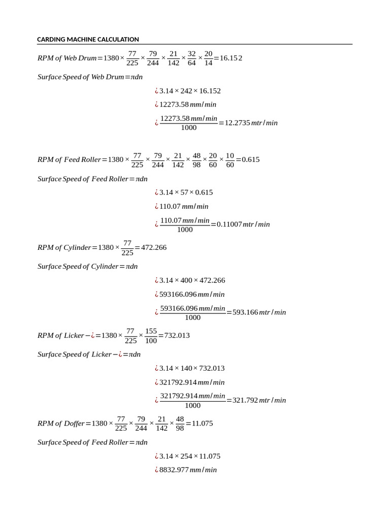 Carding Machine Calculation | PDF | Textiles