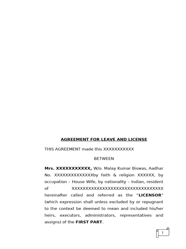 Leave and License Agreement for Shop | PDF | License | Private Law