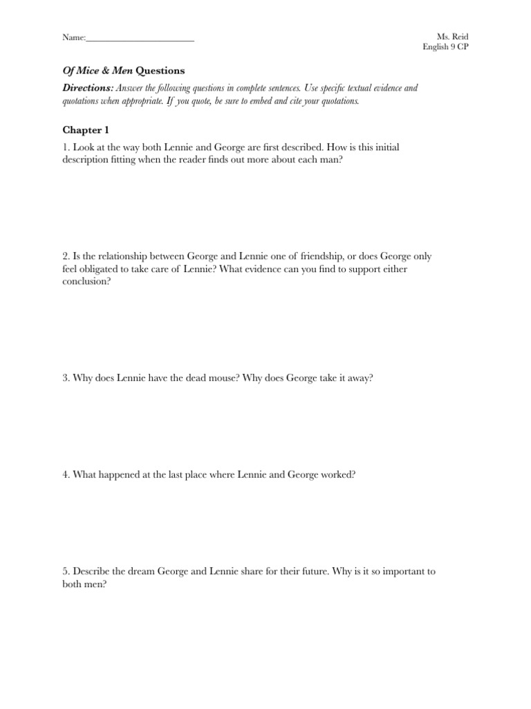 Of Mice and Men Chapters Questions - Pages | PDF