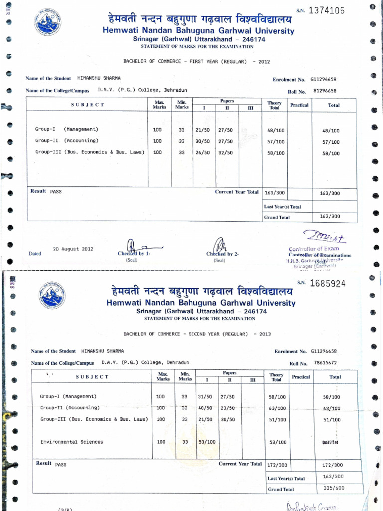 Himanshu Sharma Marksheet | PDF