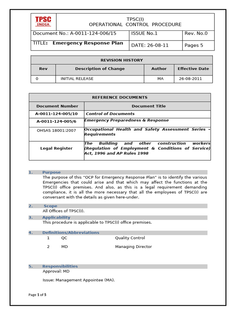 TPSC(I) Emergency Response Plan | PDF | Emergency Evacuation | Emergency