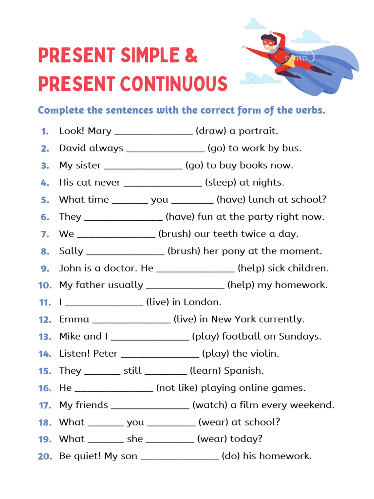 Red and Blue Classic Present Simple & Present Continuous English Grammar Worksheet | PDF