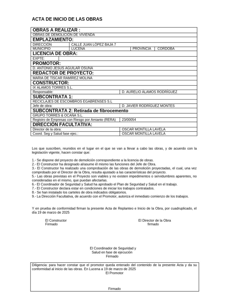1 Acta Replanteo e Inicio de Obra | PDF