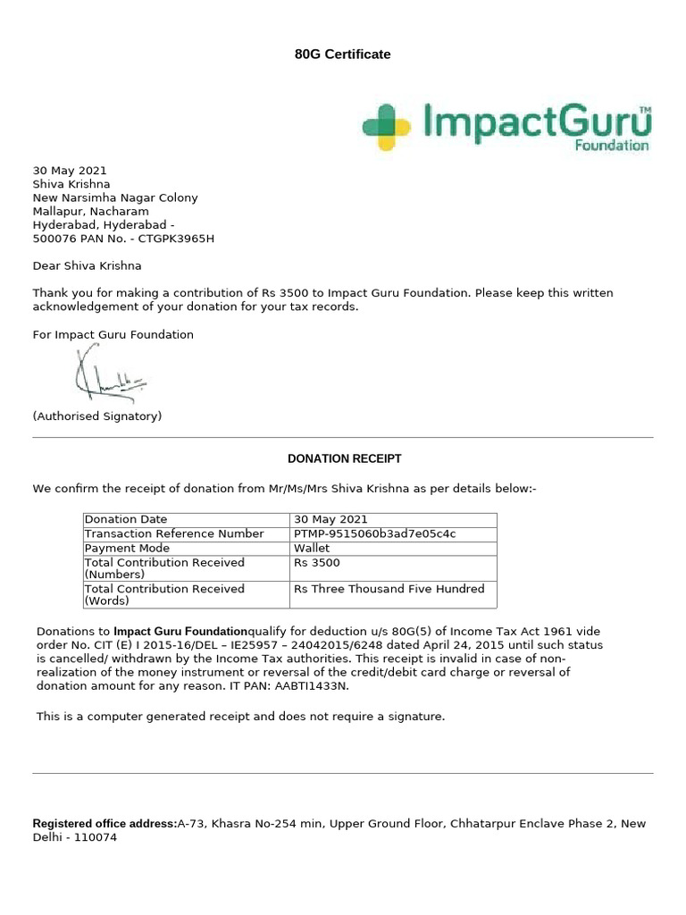80G Donation Receipt for Impact Guru | PDF