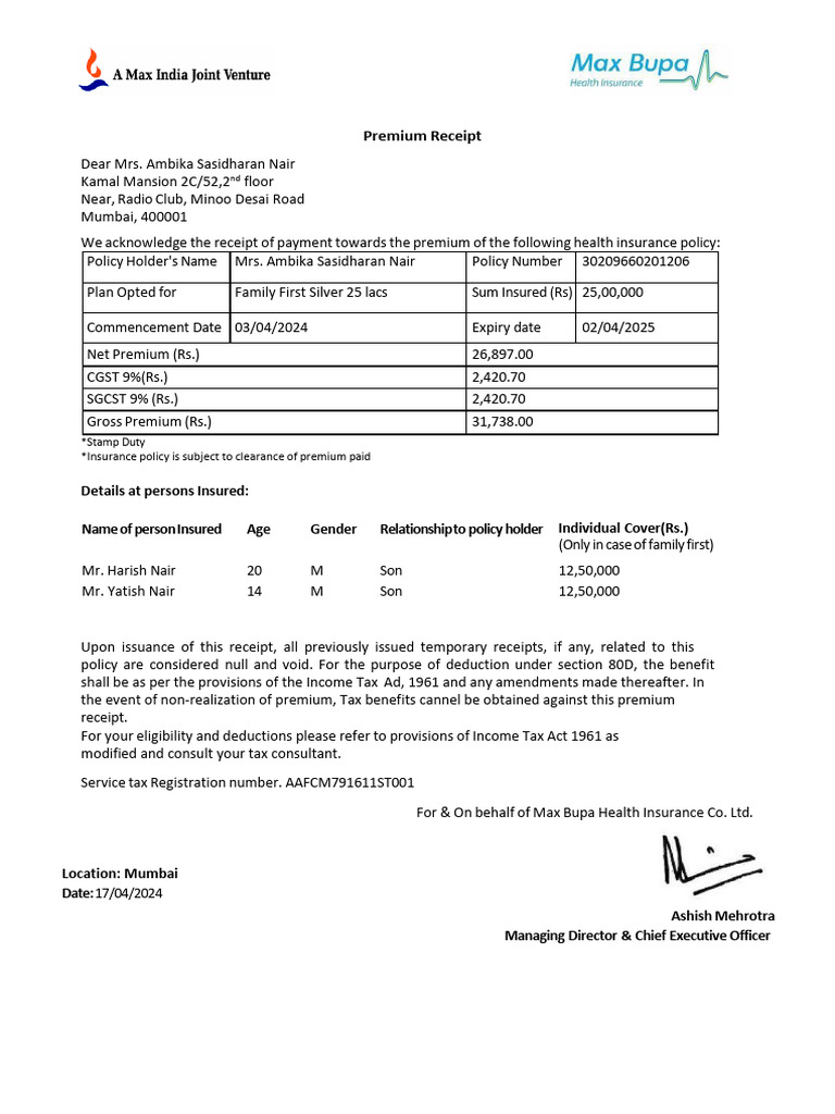 Niva Bupa - Ambika Nair - Medical Insurance | PDF | Taxes | Taxation