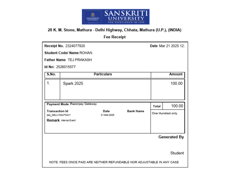 Receipt Internal Event Fees | PDF