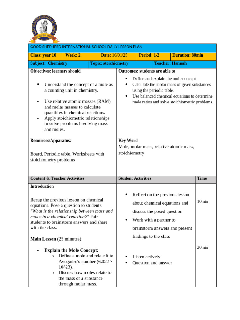 Year 10 Chemistry: Stoichiometry Lesson Plan | PDF | Mole (Unit ...