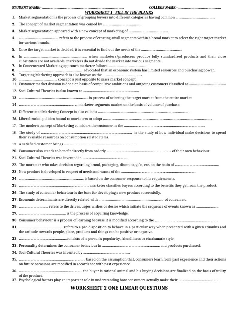 6 Sem Unit 2 Principles and Practices of Marketing Worksheet | PDF ...