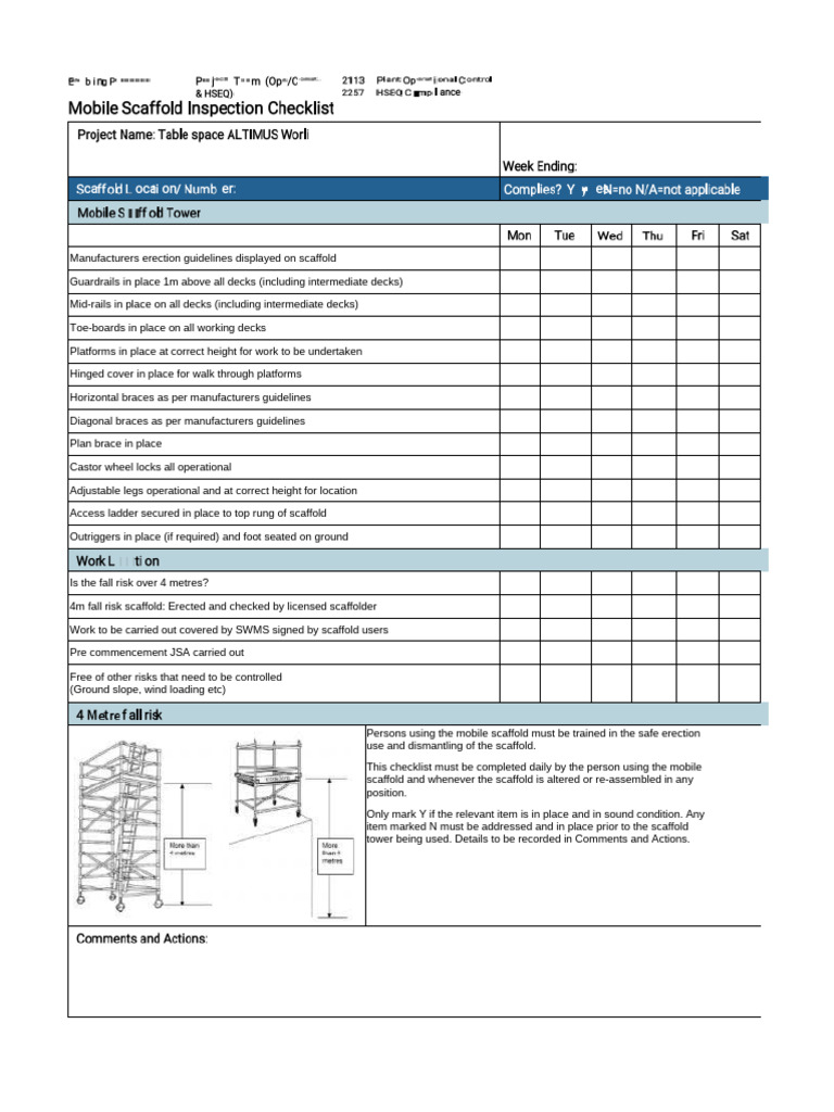 E T 8 1546 Mobile Scaffold Inspection Checklist | PDF | Scaffolding
