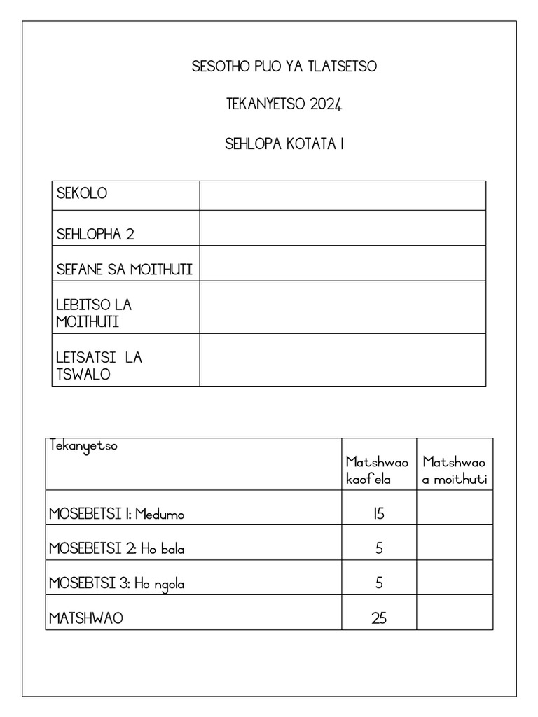 SESOTHO FAL Grade 2 Written T1 TASK 2024 | PDF