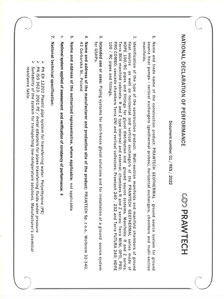 DOP Declaration of Performance PRAWTECH GEOTHERMAL 2022 | PDF