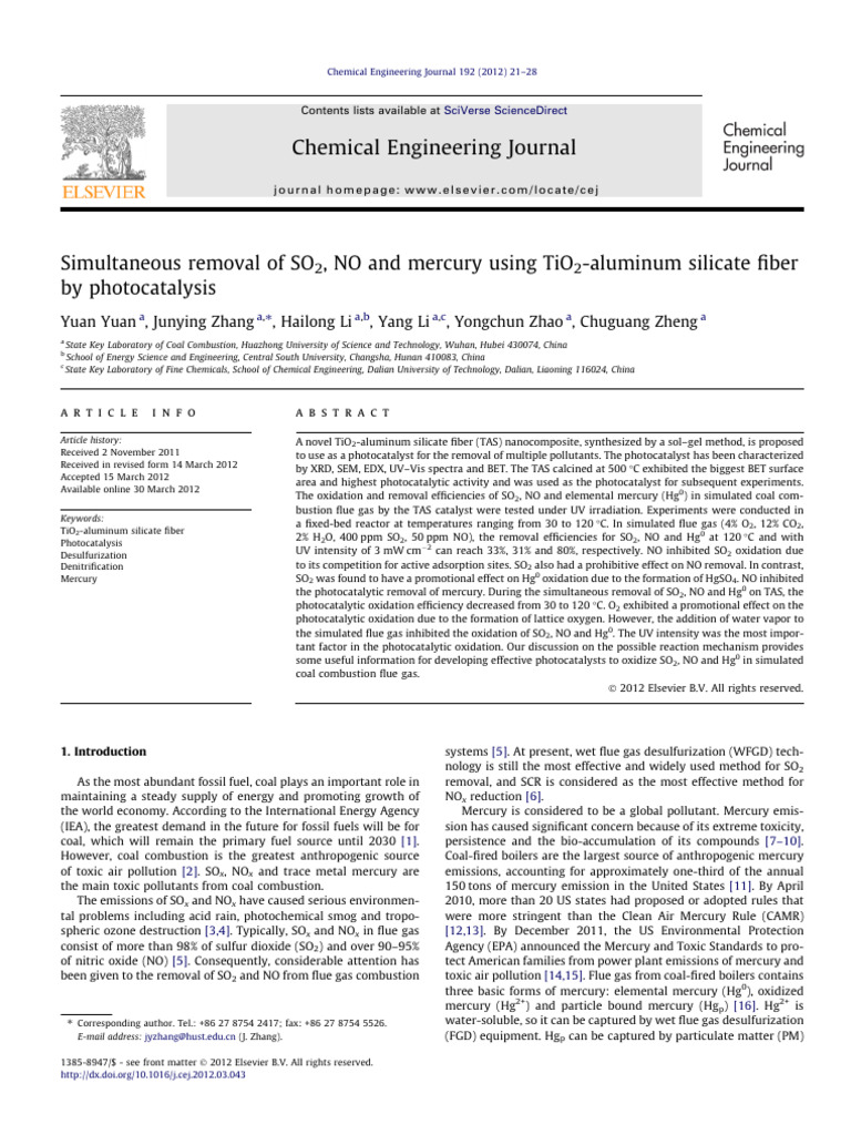 2012-Simultaneous Removal of SO2, NO and Mercury Using TiO2-Aluminum Silicate Fiber by ...