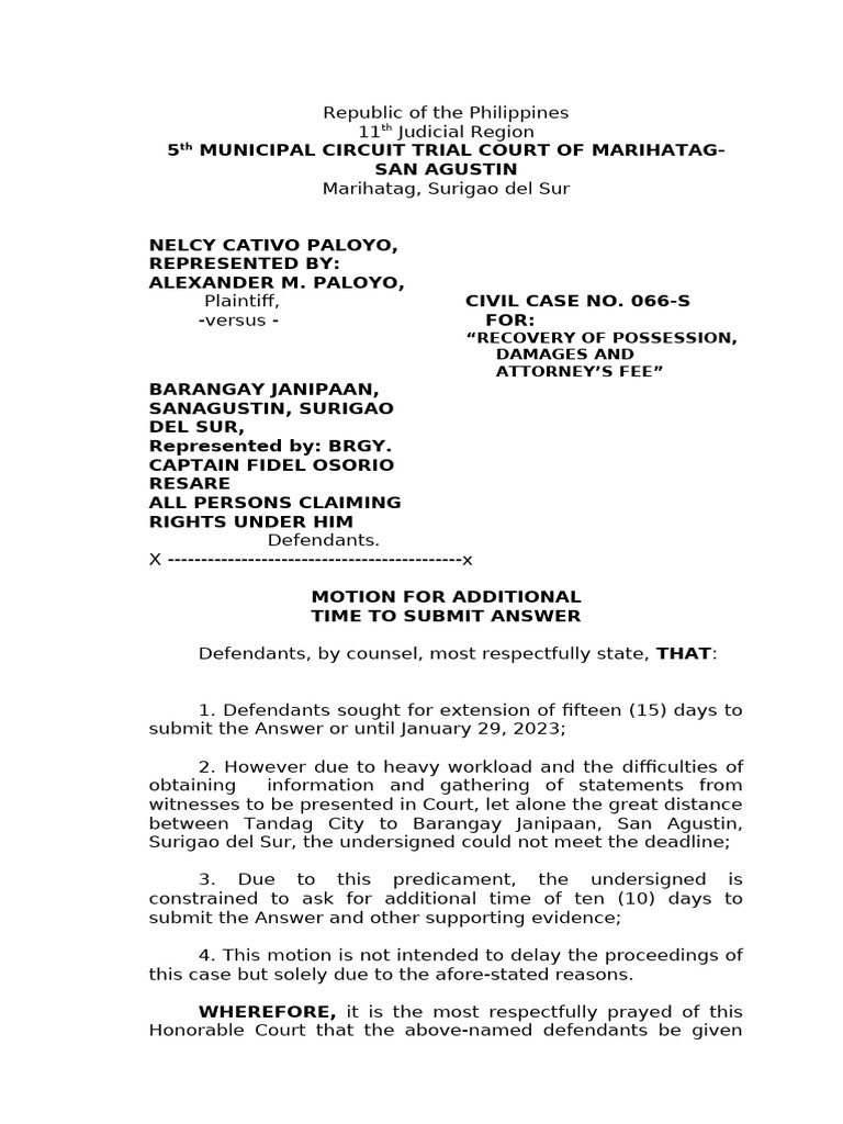 Motion for Extension to Submit Answer | PDF | Courts | Legal Procedure