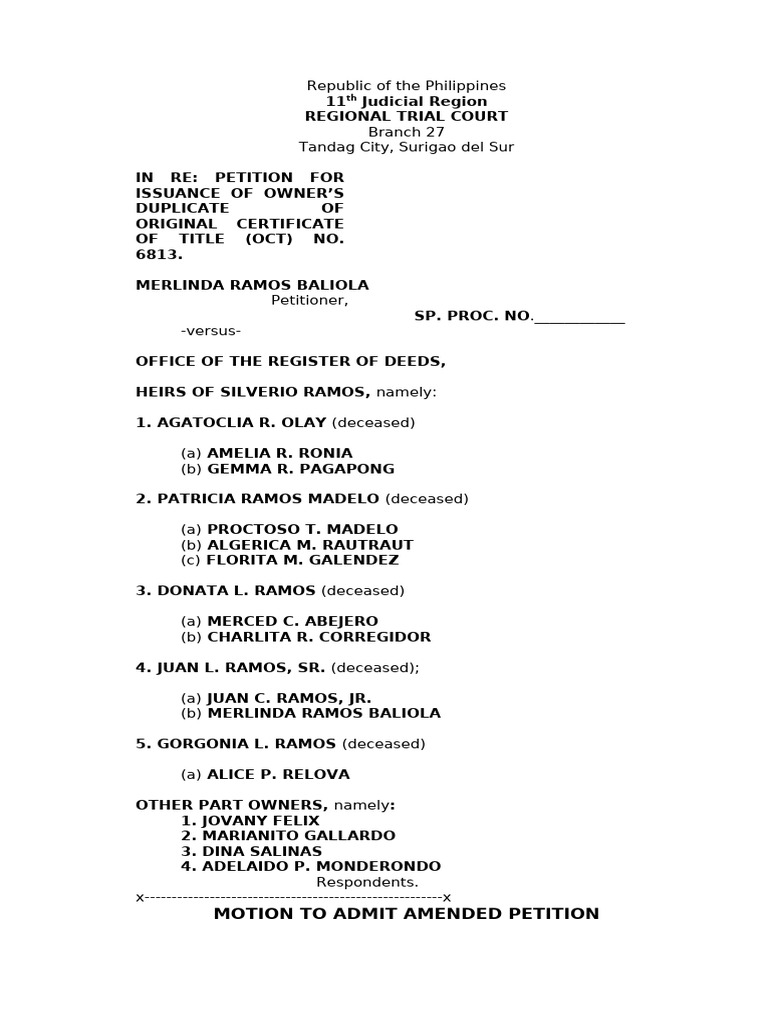 Motion to Admit Amended Petition-merlinda Baliola | PDF | Courts